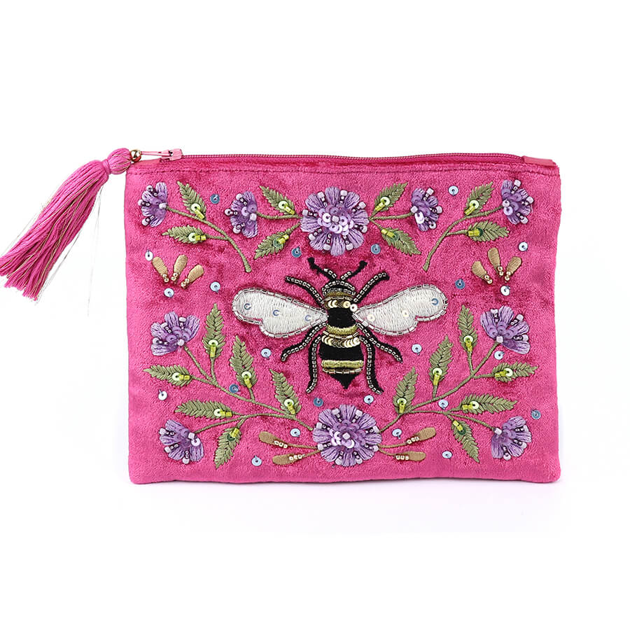 Hot Pink Velvet Purse With Floral Bee Embroidery – The Jewellery Stop